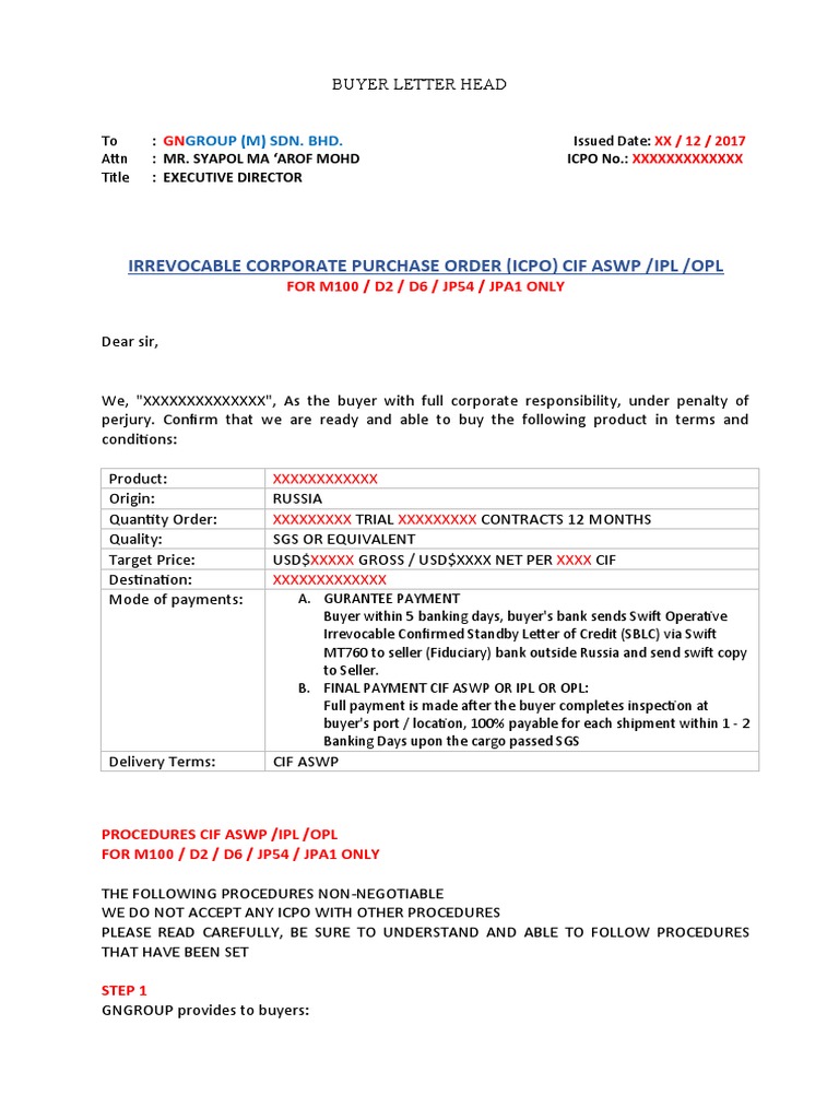 ICPO Procedures for Oil Products | PDF | Pro Forma | Letter Of Credit