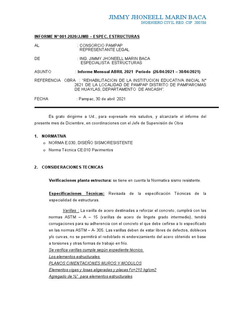 Informe 001 Ing Estructuras | PDF | Ingeniería estructural | Hormigón