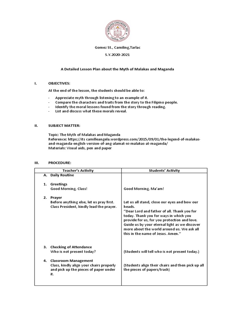 A Detailed Lesson Plan About The Legend of Malakas and Maganda (1) Ttl2 | PDF | Lesson Plan | Adam