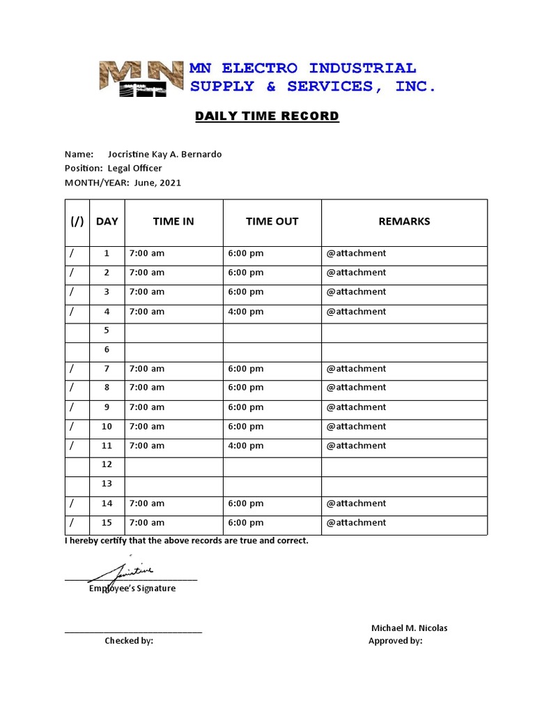 June 2021 Daily Time Record | PDF