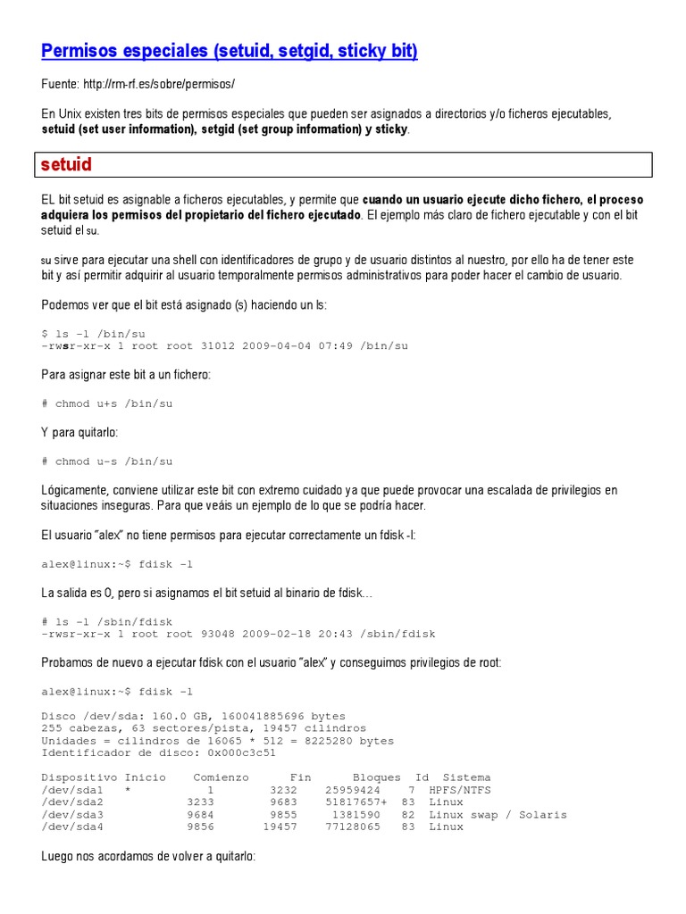 Permisos especiales en Unix: setuid, setgid y sticky | PDF | Archivo de ...