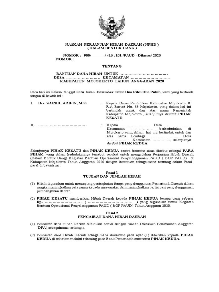 Perjanjian Hibah Daerah PAUD 2020 | PDF