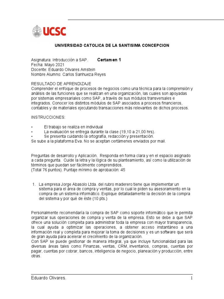 Certamen 1 Introducción a SAP 21 | PDF | Planificación de recursos ...
