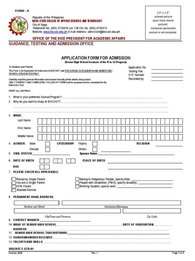 2020 Form 1 Freshmen Revised 1 Application For Admission A | PDF