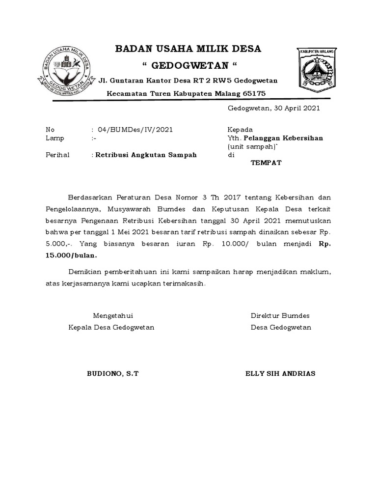 Surat Kenaikan Retribusi | PDF