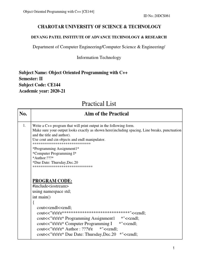Practical List: Charotar University of Science & Technology | PDF ...