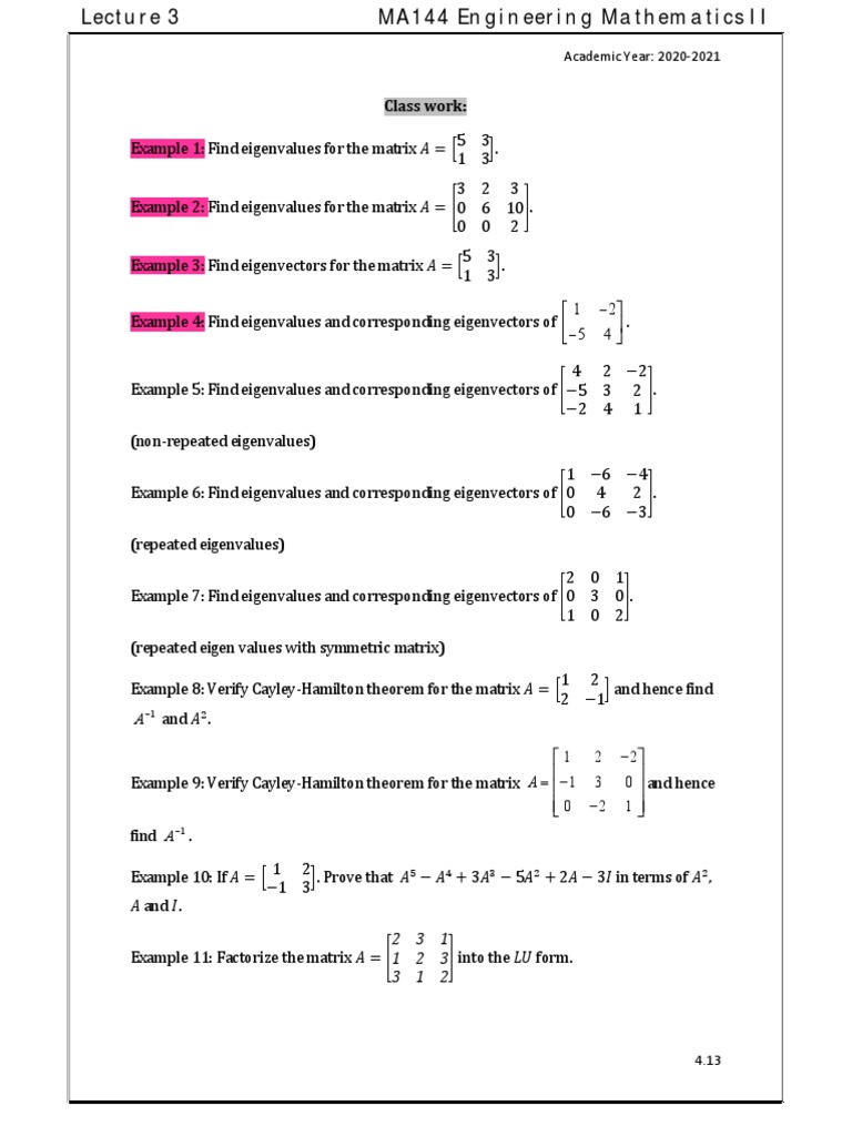 Unit 4 Lecture 3 Jp Sir Pdf Eigenvalues And Eigenvectors Matrix Mathematics 