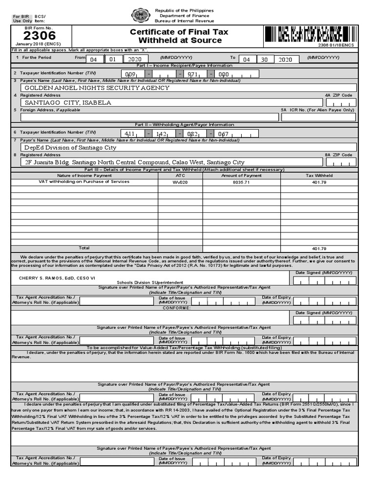BIR Form 2306: VAT Withholding Certificate | PDF | Withholding Tax ...