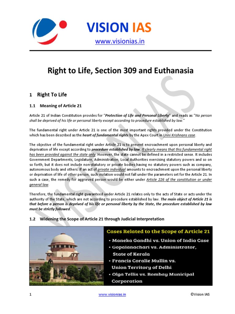 Vision: Right To Life, Section 309 and Euthanasia | PDF | Terminal Illness | Ethical Principles