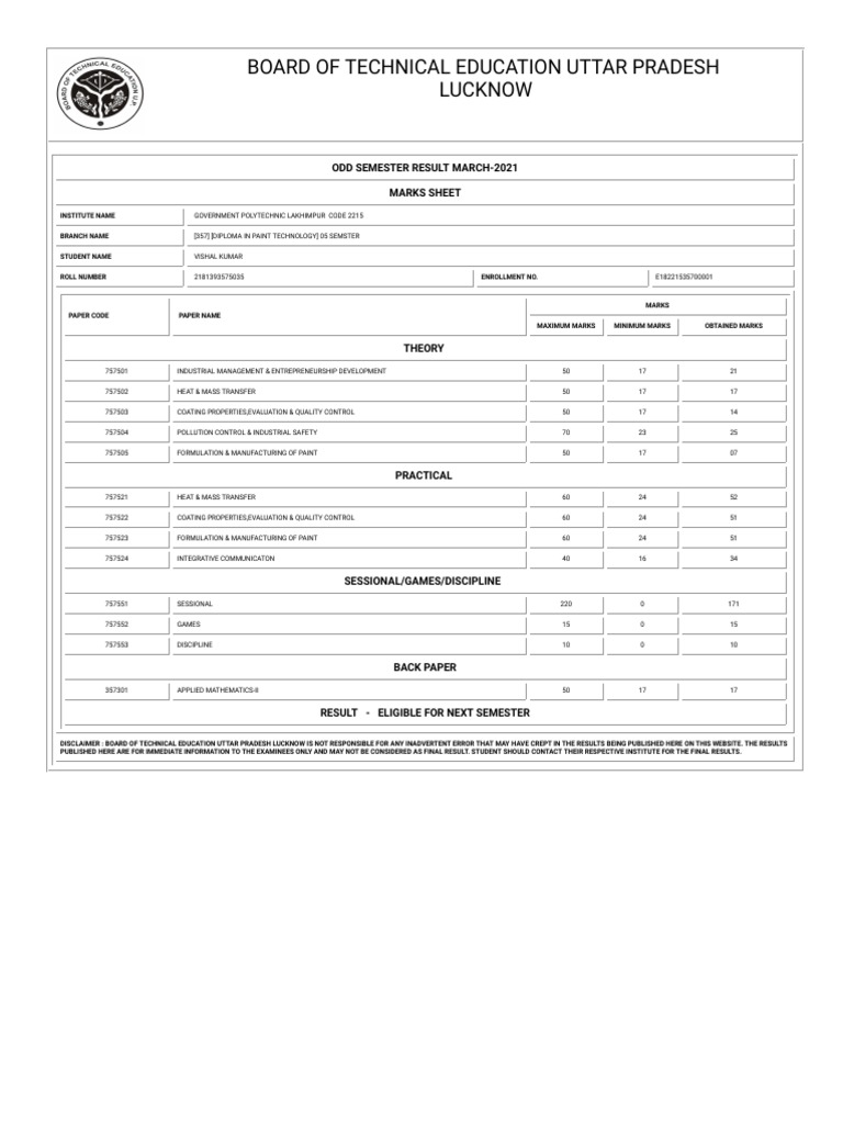Board of Technical Education Uttar Pradesh Lucknow: Odd Semester Result ...