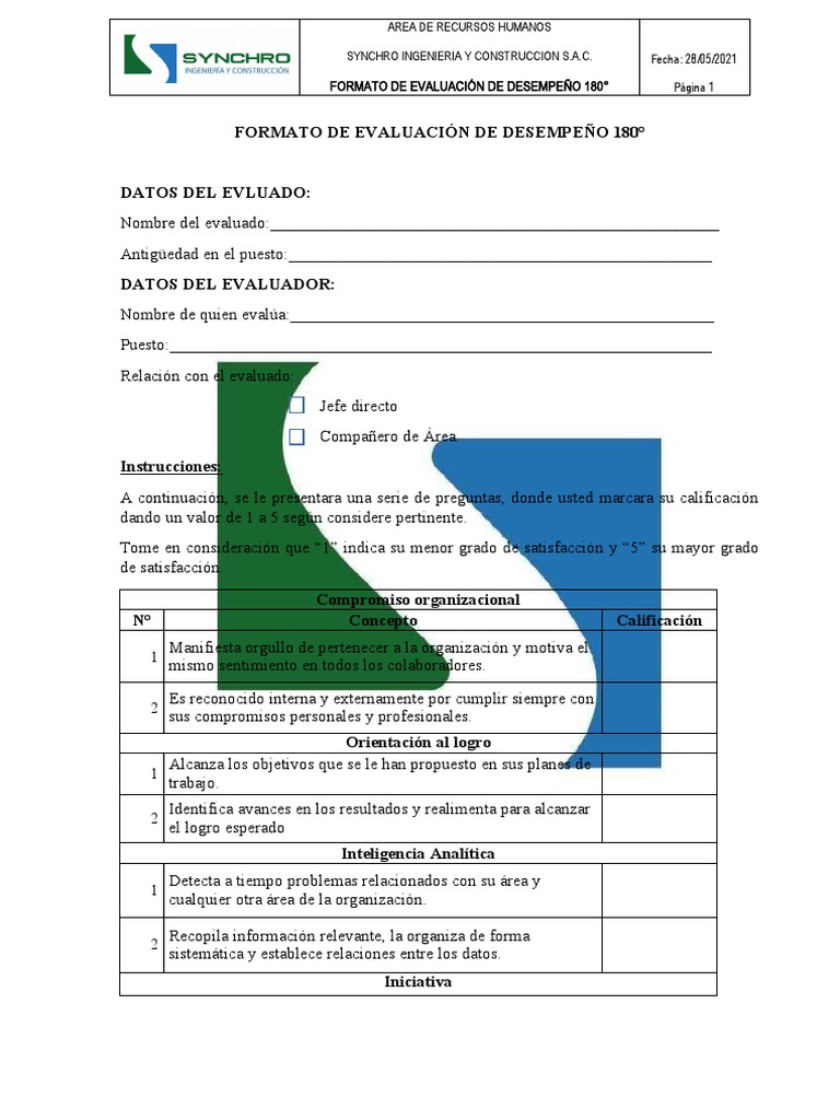 Formato de Evaluación de Desempeño 180 | PDF | Evaluación | Gestión de recursos humanos