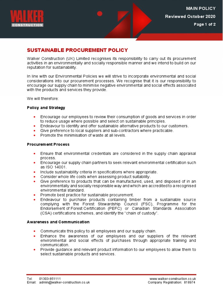Sustainable Procurement Policy: Main Policy Reviewed October 2020 | PDF ...