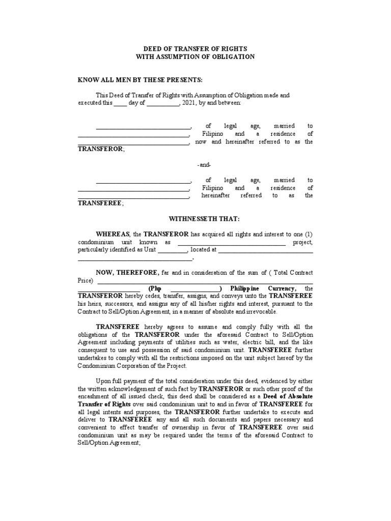 Deed of Transfer of Rights With Assumption of Obligation | PDF | Deed ...