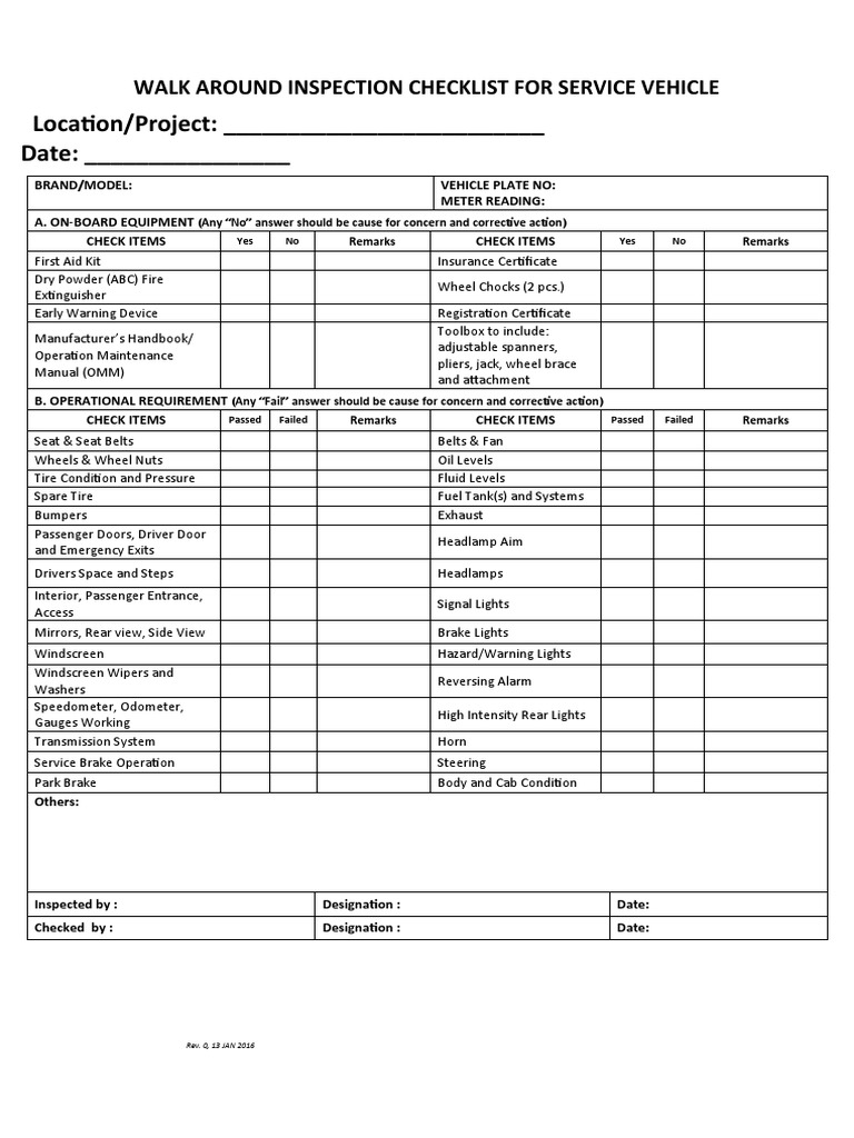 Walk Around Inspection Checklist For Service Vehicle | PDF | Vehicles | Car