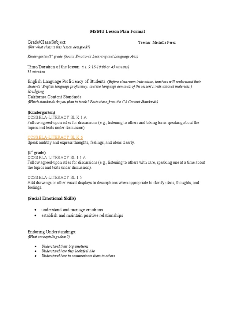 Grade/Class/Subject:: MSMU Lesson Plan Format | PDF | Phonics | Emotions