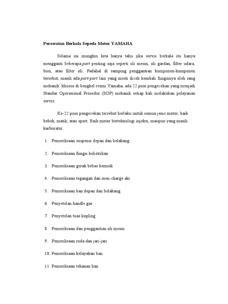 Perawatan Berkala Sepeda Motor YAMAHA | PDF Perawatan Berkala Sepeda Motor YAMAHA | PDF
