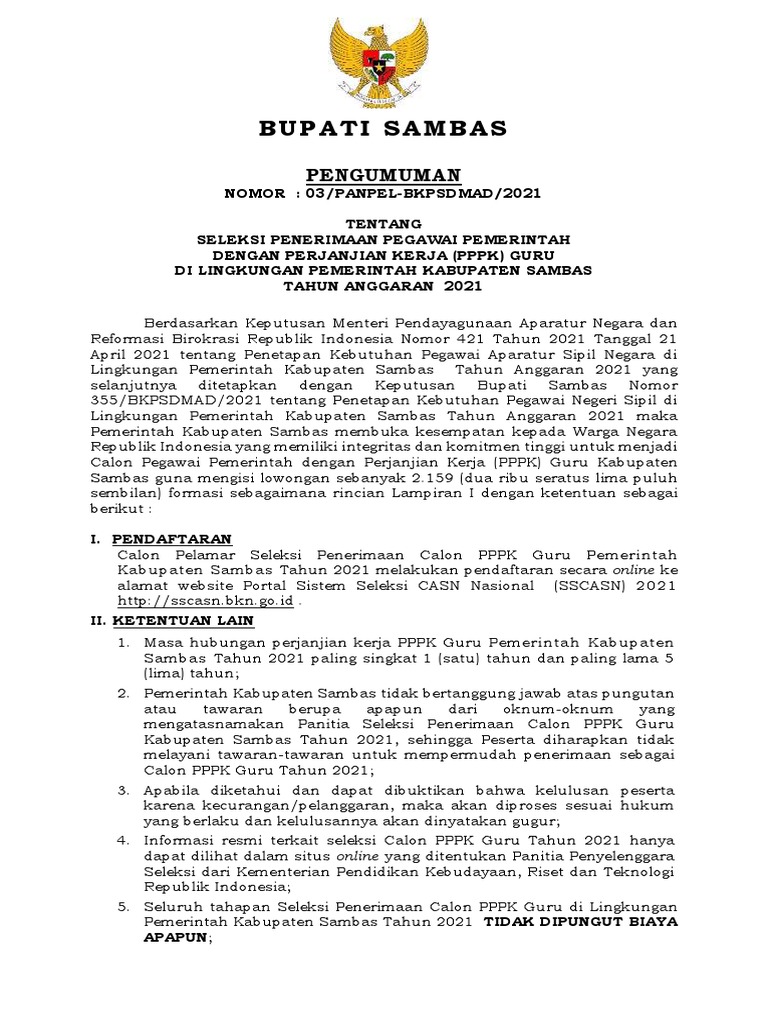 Pengumuman Seleksi PPPK Guru Sambas Tahun 2021 | PDF