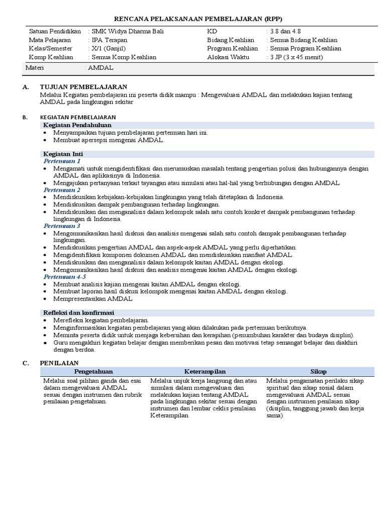 Rencana Pelaksanaan Pembelajaran (RPP) tentang AMDAL | PDF