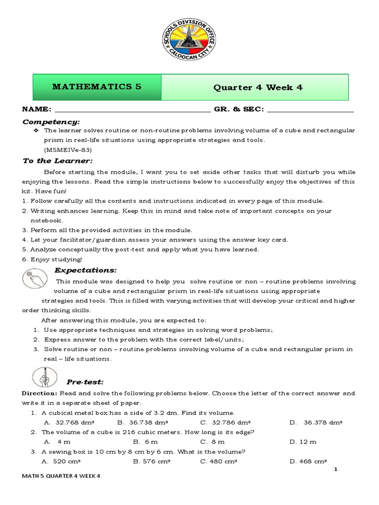Mathematics 5 Quarter 4 Week 4: NAME: - GR. & SEC | PDF | Volume | Litre