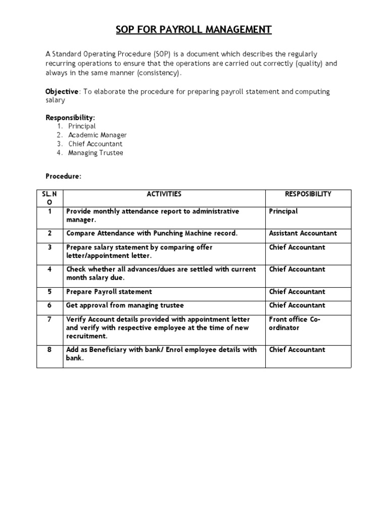 Sop For Payroll Management: Objective: To Elaborate The Procedure For ...