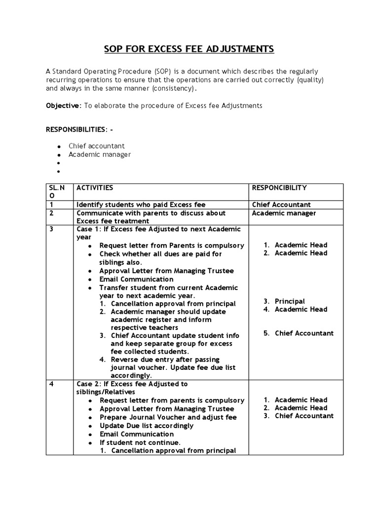 Sop For Excess Fee Adjustments | PDF | School Voucher | Fee
