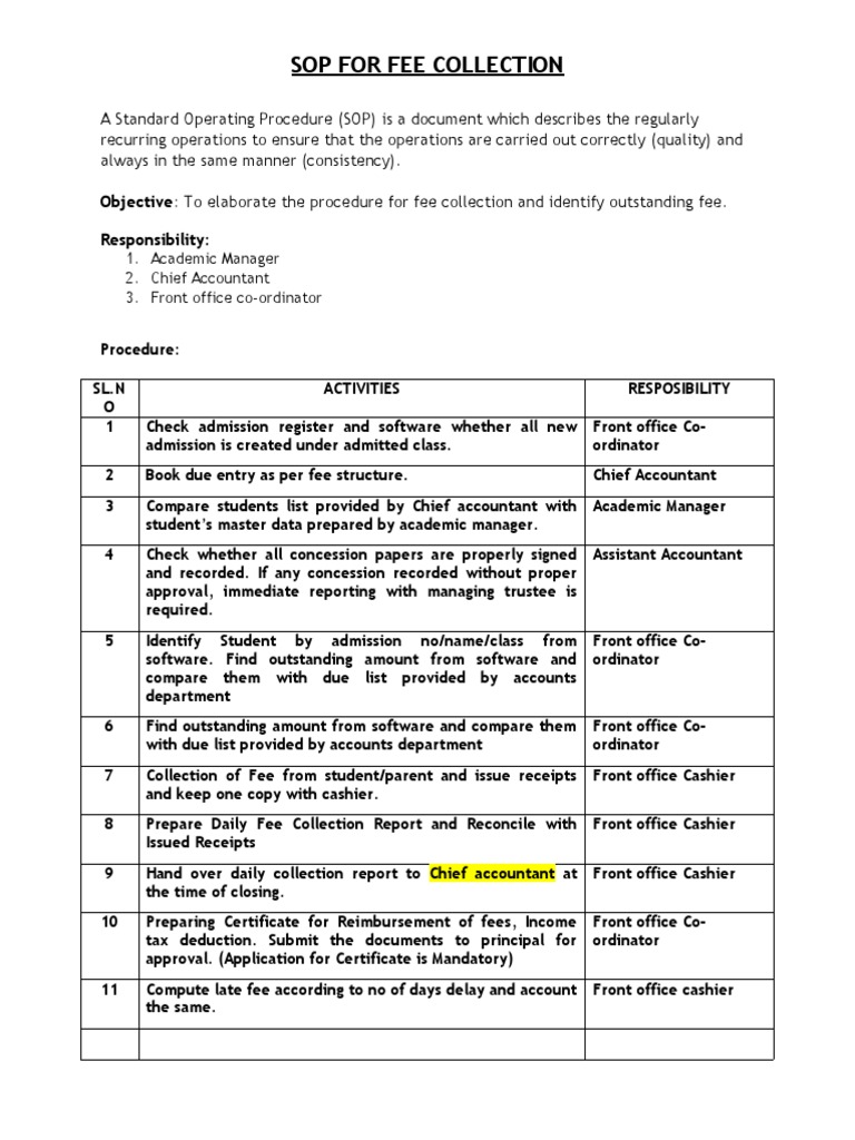 Sop For Fee Collection | PDF | Receipt | Fee
