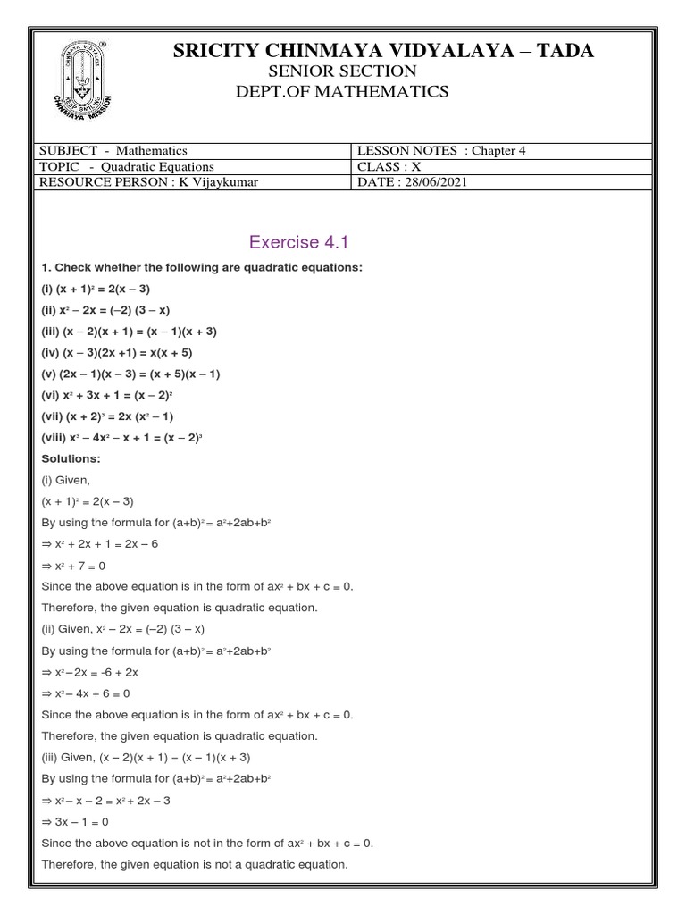 Quadratic Equations CW | PDF | Quadratic Equation | Algebra