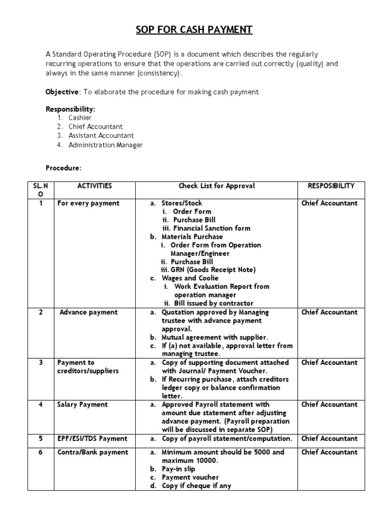 Sop For Cash Payment | PDF | Payments | Voucher