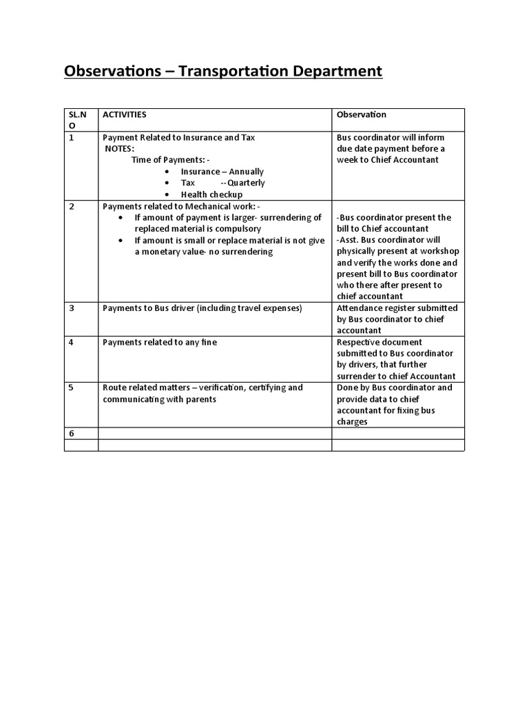 Sop For Transport Dept. | PDF | Bus | Accountant