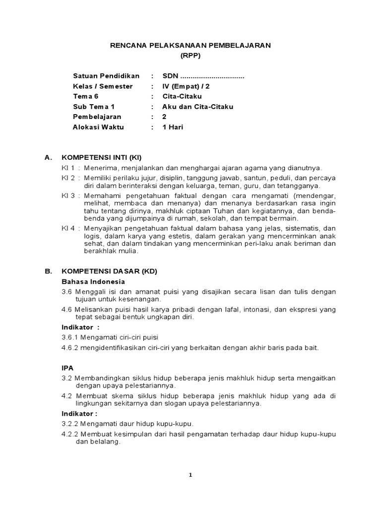 RPP Kelas 4 Tema 6 Subtema 1 PB 2 | PDF