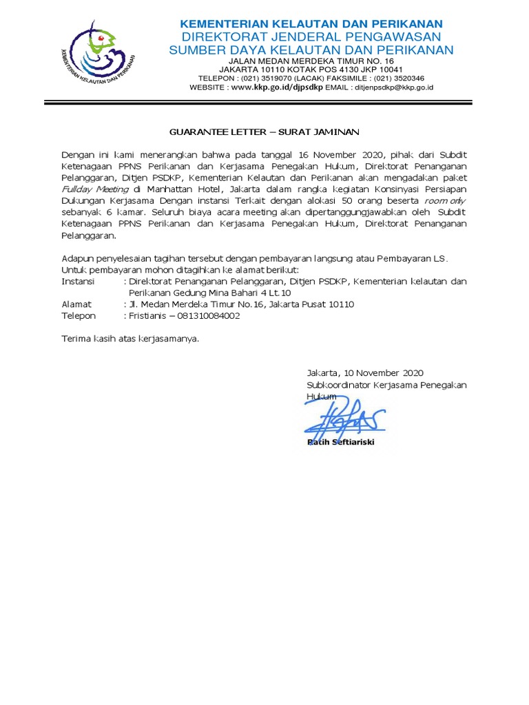 Surat Jaminan Pembayaran Hotel | PDF