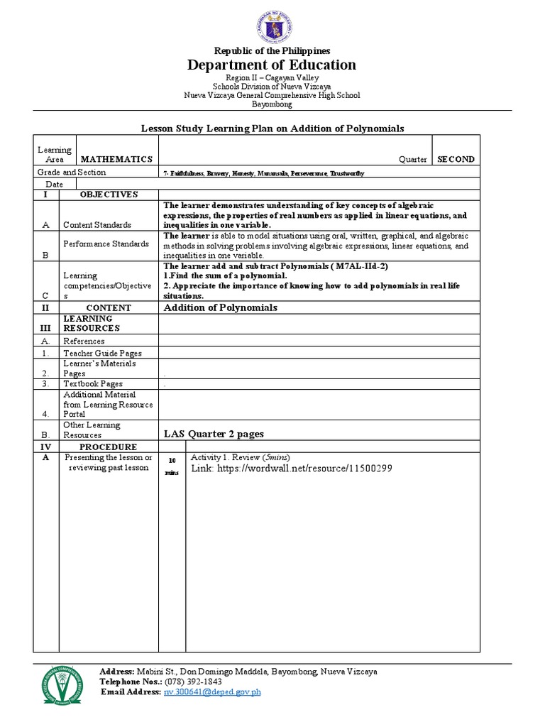 Department of Education: Lesson Study Learning Plan On Addition of ...
