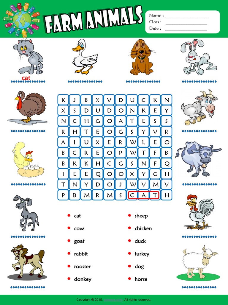 Farm Animals Esl Vocabulary Word Search Worksheet For Kids | PDF