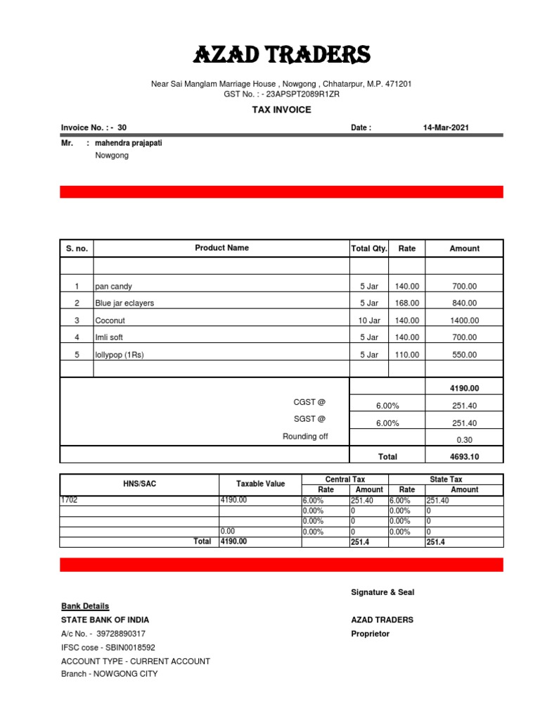 Azad Traders Tax Invoice Summary | PDF | Public Finance | Economy Of India