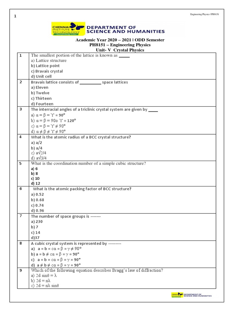 Academic Year 2020 - 2021 - ODD Semester PH8151 - Engineering Physics Unit-V Crystal Physics ...