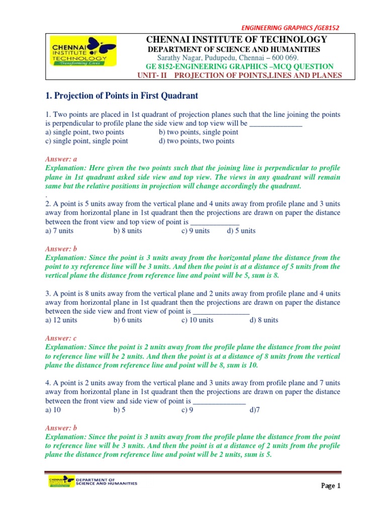 Engineering Graphics Multiple Choice Questions on Projection of Points, Lines and Planes | PDF ...