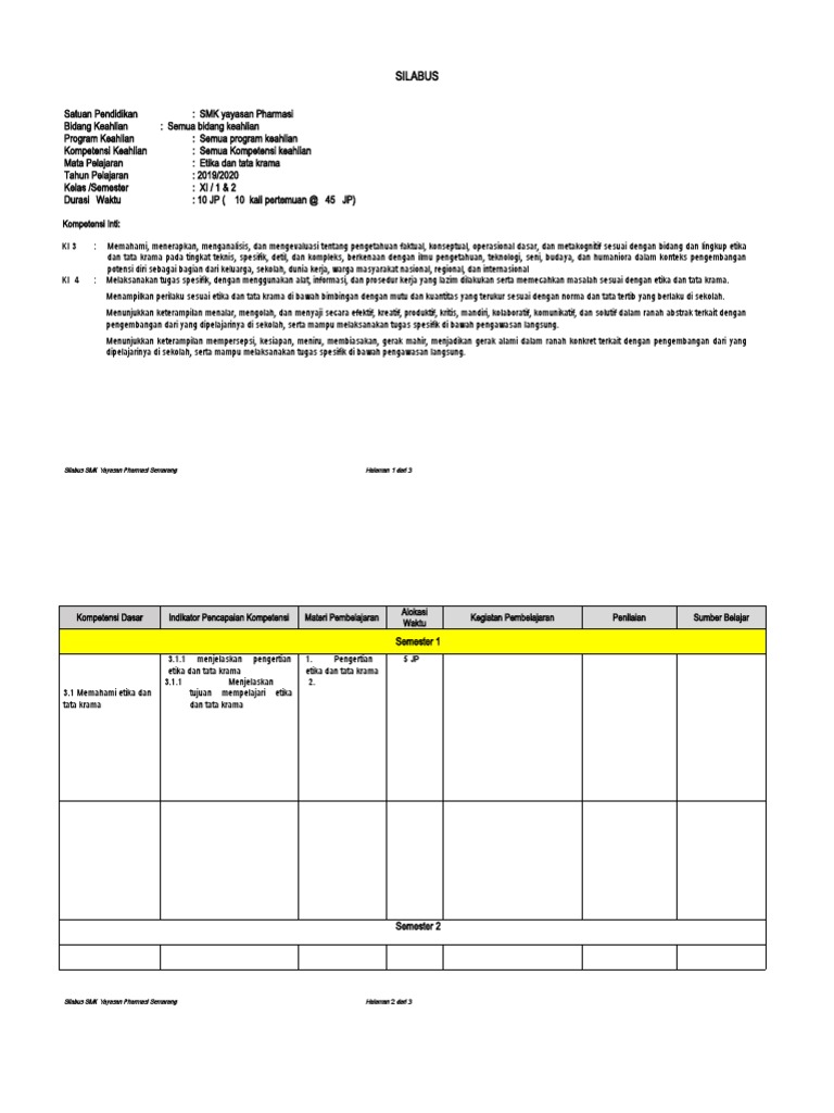 Format Silabus Etika Dan Tata Krama | PDF