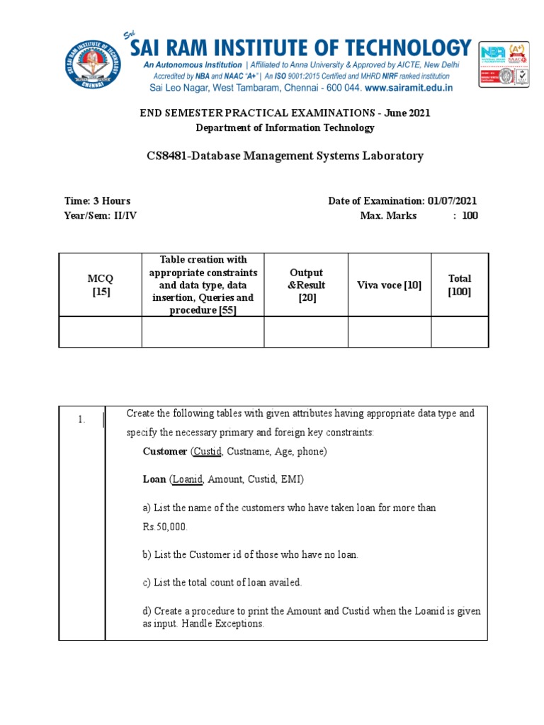 DBMS Set 1 | Download Free PDF | Table (Database) | Pl/Sql
