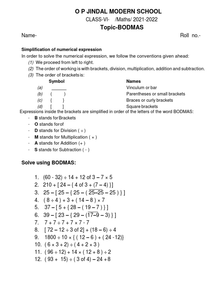 O P Jindal Modern School Topic-BODMAS | PDF | Teaching Methods & Materials