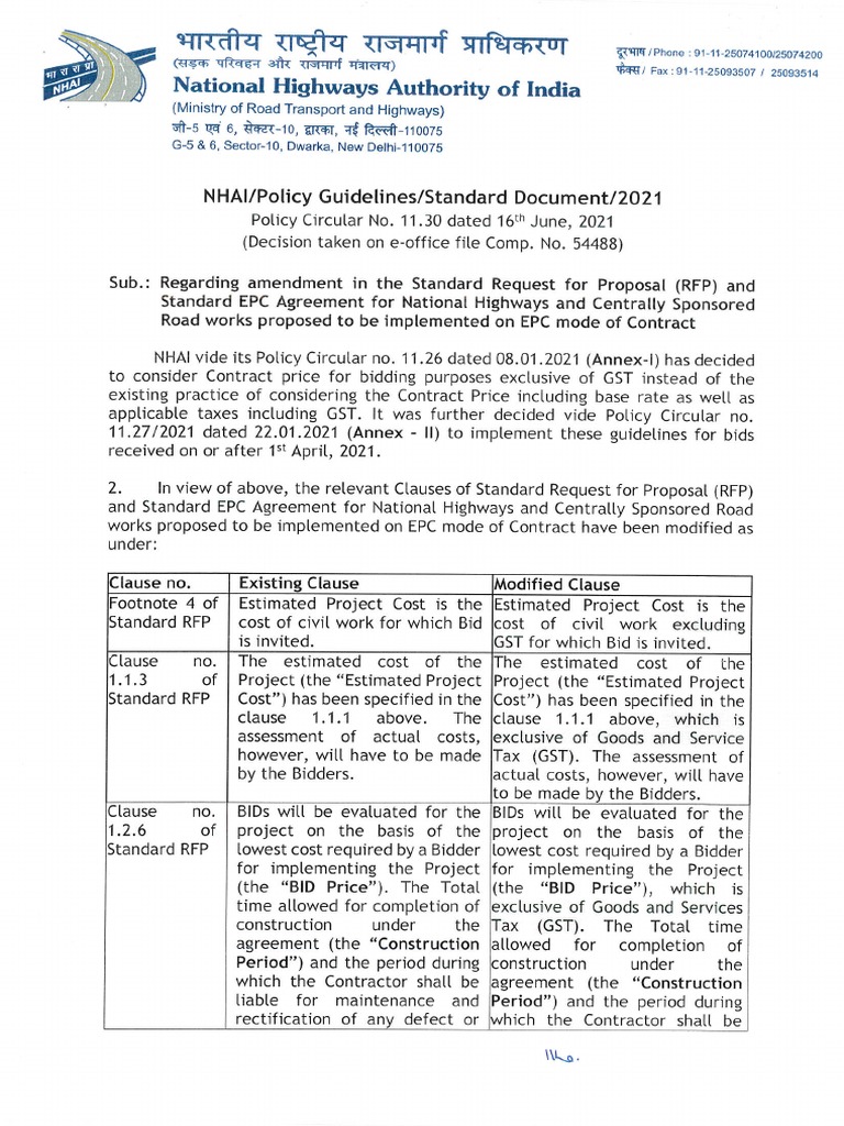 NHAI Policy Circular On Revised TPC in EPC | PDF