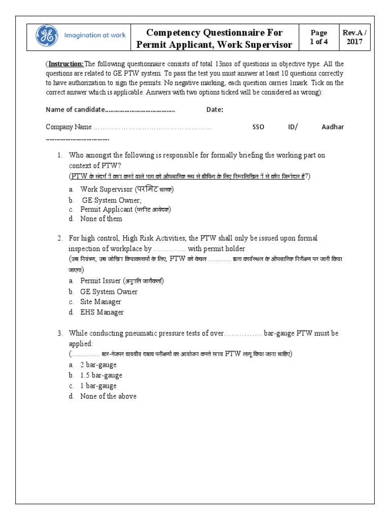 Test Questionnaire For Competent Person For C&C PTW - Meja | PDF ...