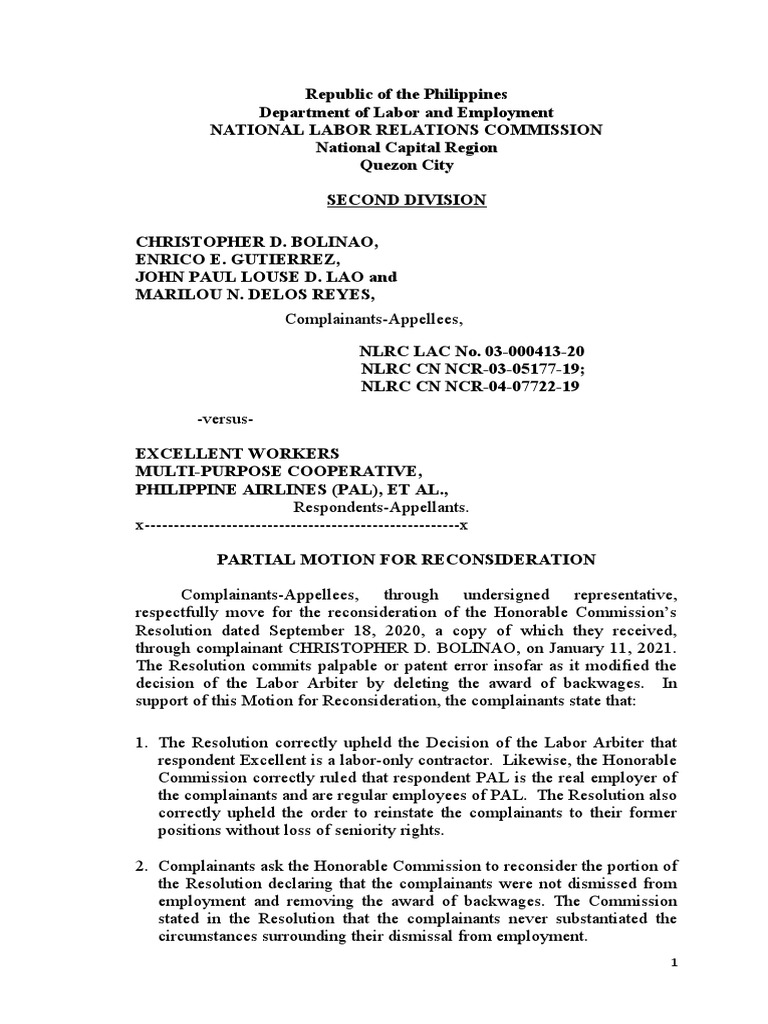 Motion For Reconsideration EXCELLENT Bolinao Case | PDF | Employment | Justice