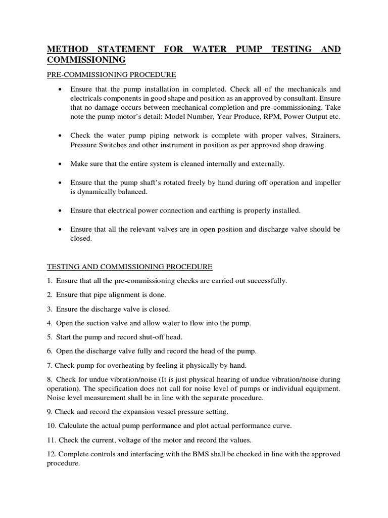 Method Statement For Water Pump Testing and Commissioning | PDF | Pump ...
