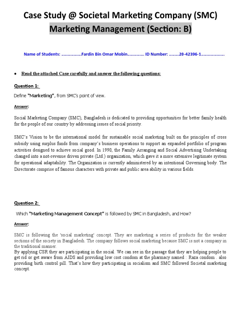Marketing Management Case Study 1 - Questions' Answer Script On SMC ...
