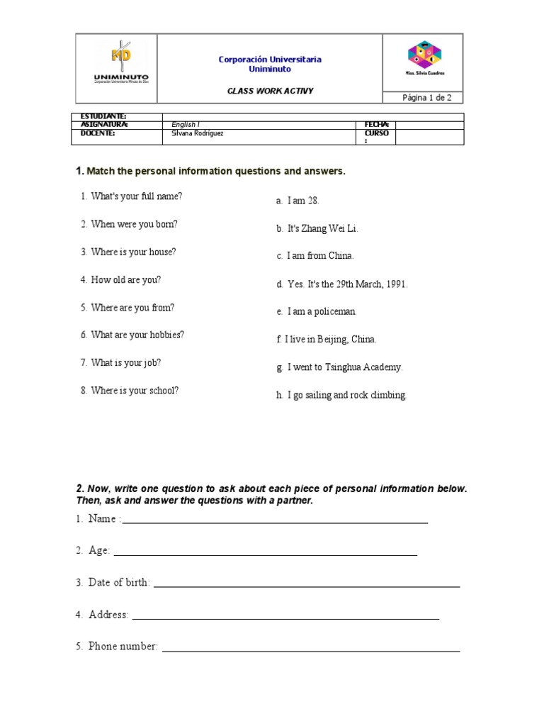 Match The Personal Information Questions and Answers.: Name: Age: Date ...