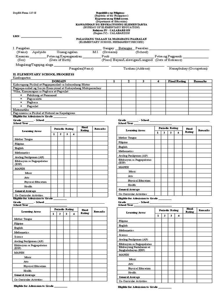 DepEd Form 137 K12 Front | PDF | Schools | Wellness