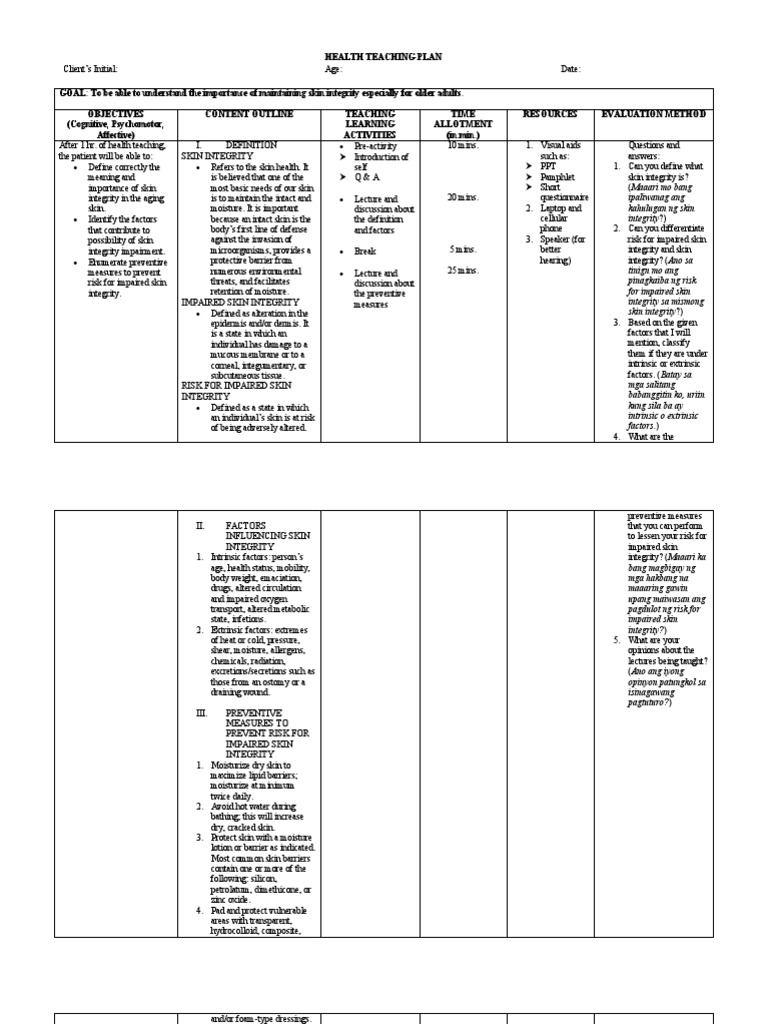 Health Teaching Plan | PDF | Skin | Integumentary System