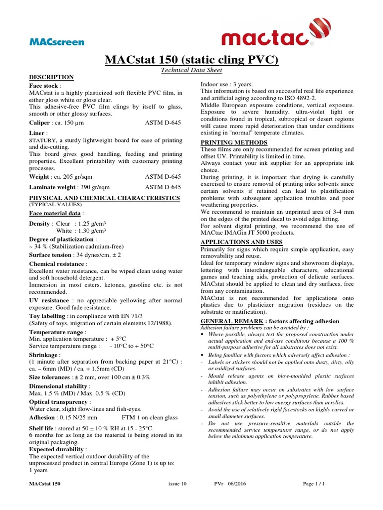 Macstat 150 (Static Cling PVC) : Technical Data Sheet | PDF | Polyvinyl Chloride | Exposure ...