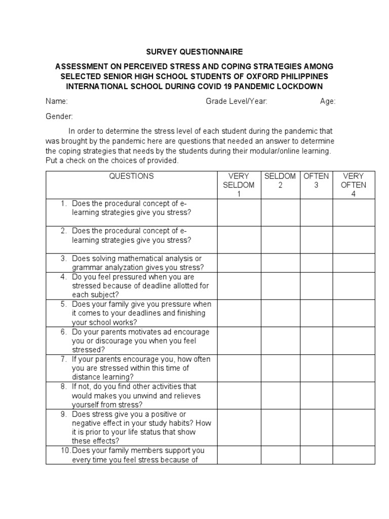 Survey Questionnaire-Stress Assessment | PDF | Educational Technology ...