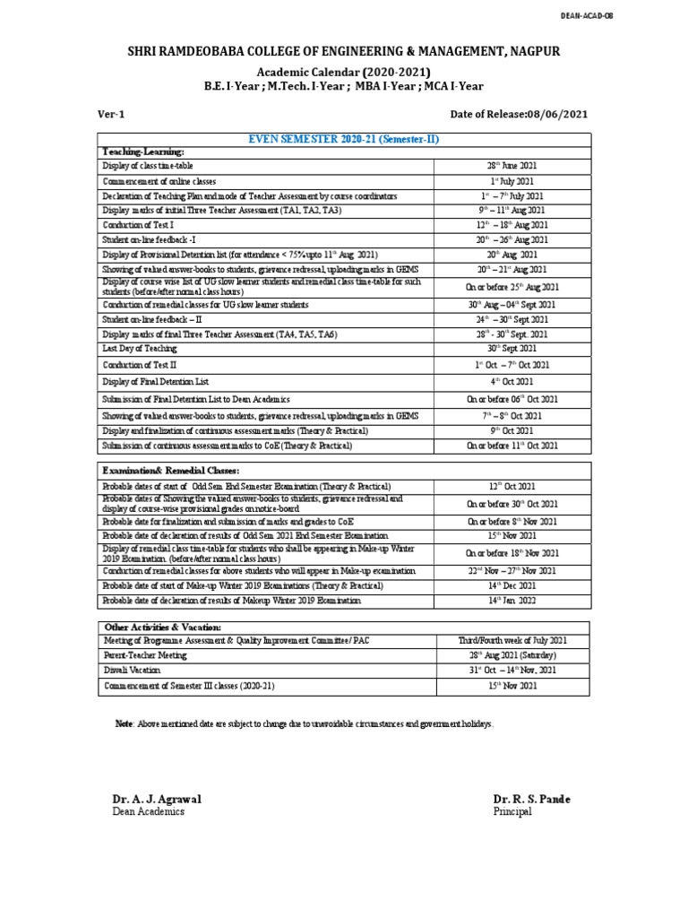 First Year Academic Calendar Sem II 2020-21 | Download Free PDF ...